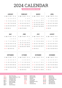 2024 Calendar: Yearly Printable Calendar With Holidays