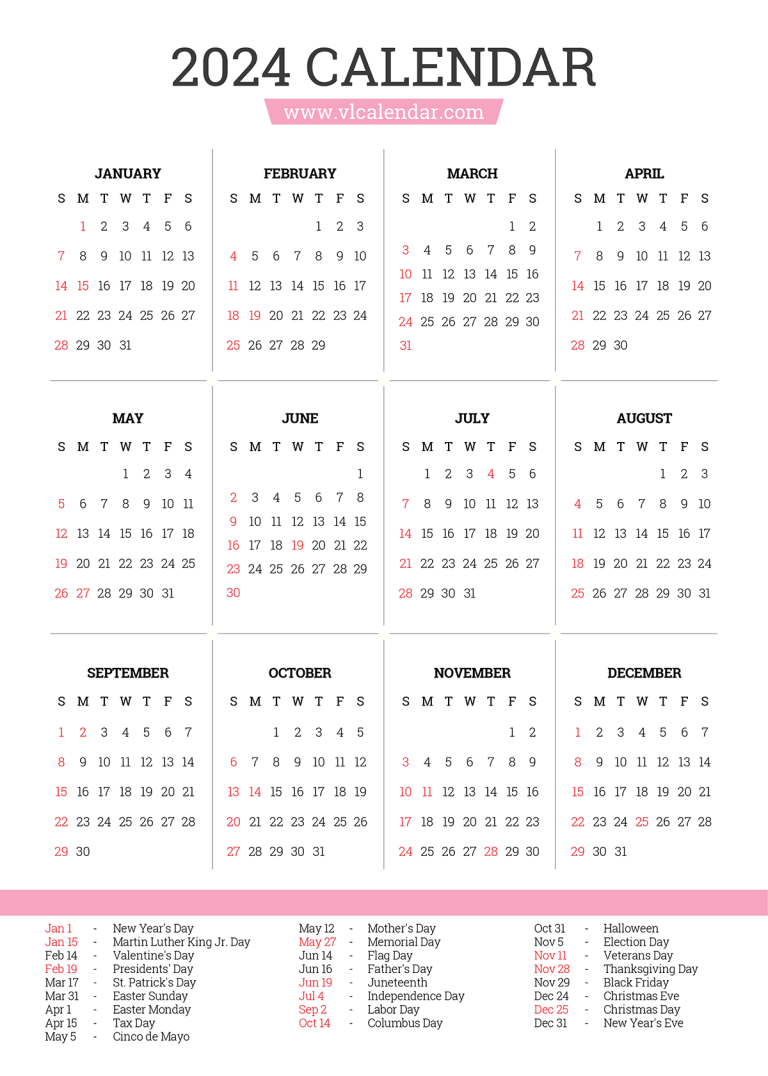 2024 Calendar: Yearly Printable Calendar With Holidays