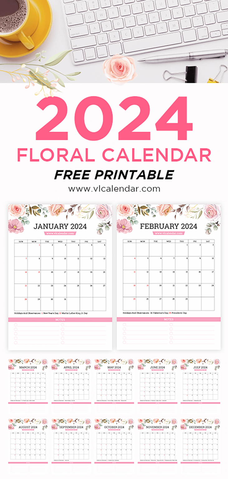 Printable Floral Calendar 2024 Templates with Holidays