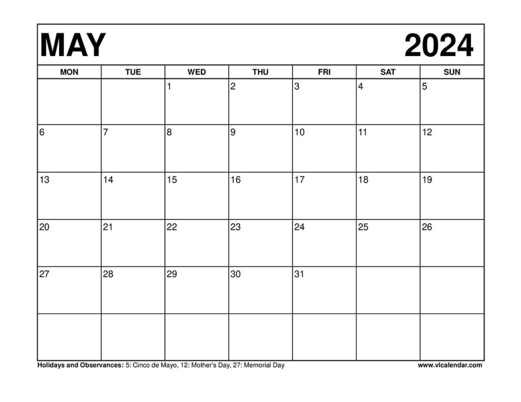 May 2024 Calendar Printable Templates with Holidays