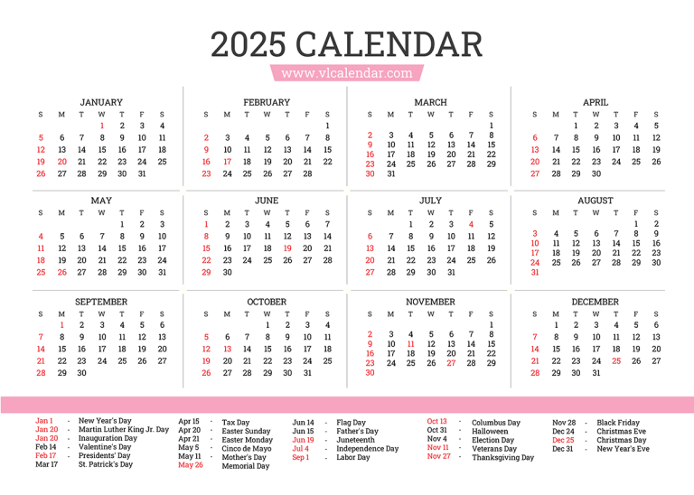 Printable Year 2025 Calendar with Holidays