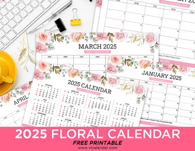 Printable Floral Calendar 2025 Templates with Holidays